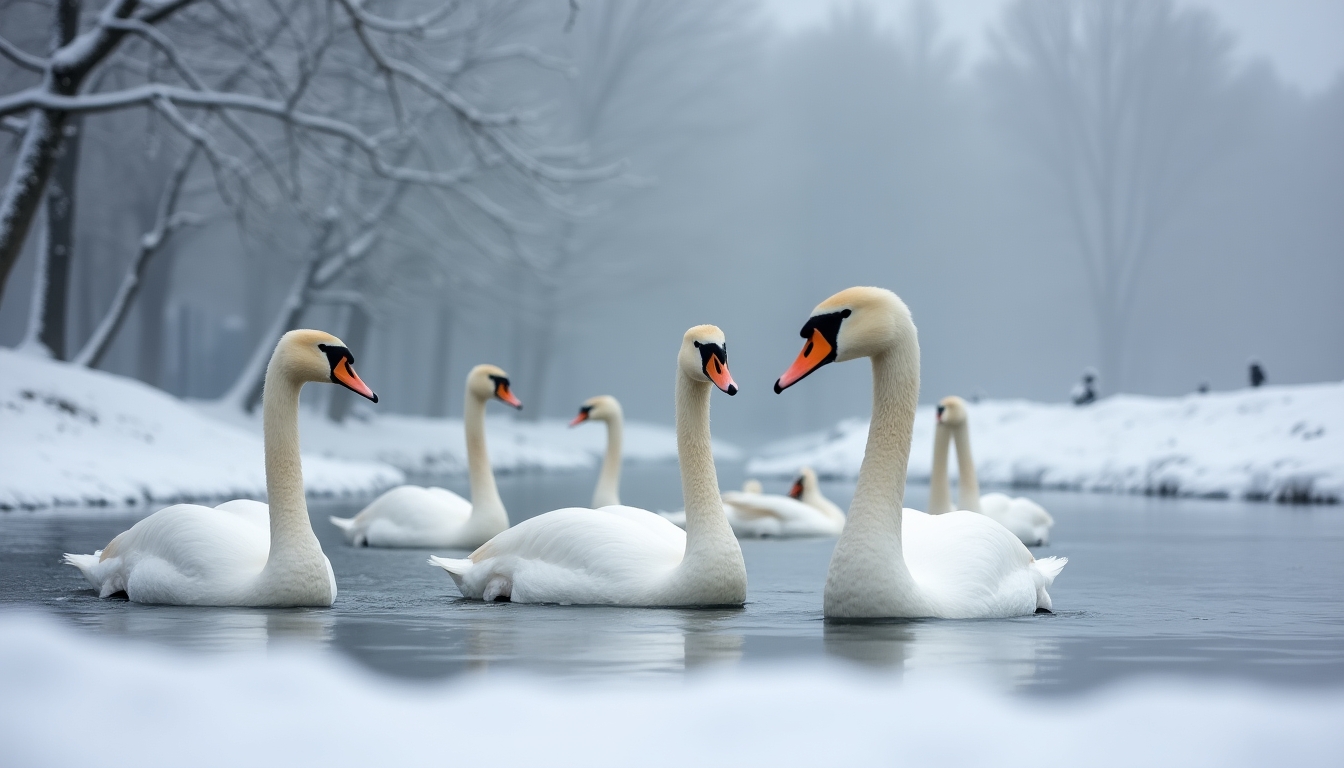 A serene winter scene with swans gracefully swimming in a pa... - Flux ...