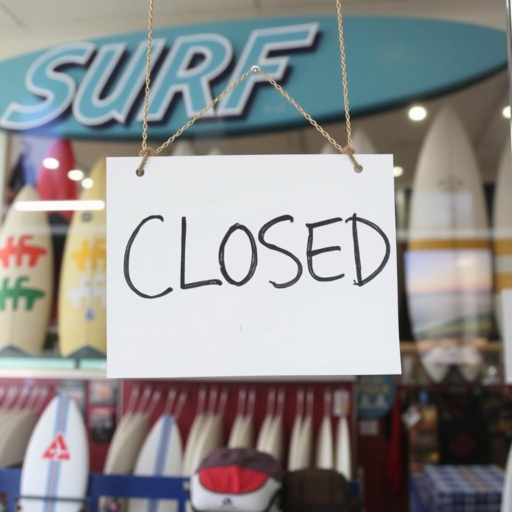 Retail surf shop with handwritten sign that says "Closed" - Flux.1 ...