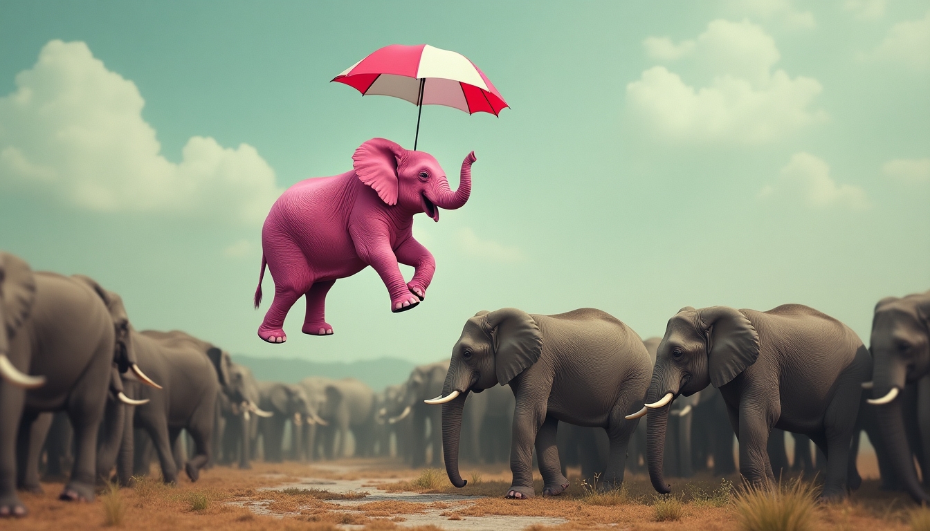 Visualize an ambitious pink elephant soaring above a crowd o... - Flux ...