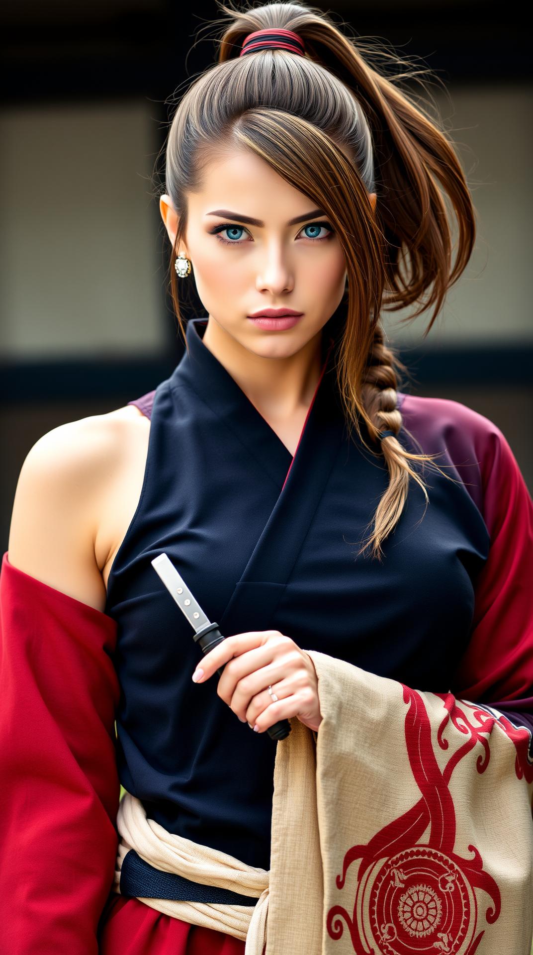 Woman beautiful attractive serious samurai hair ponytail blu... - Flux ...