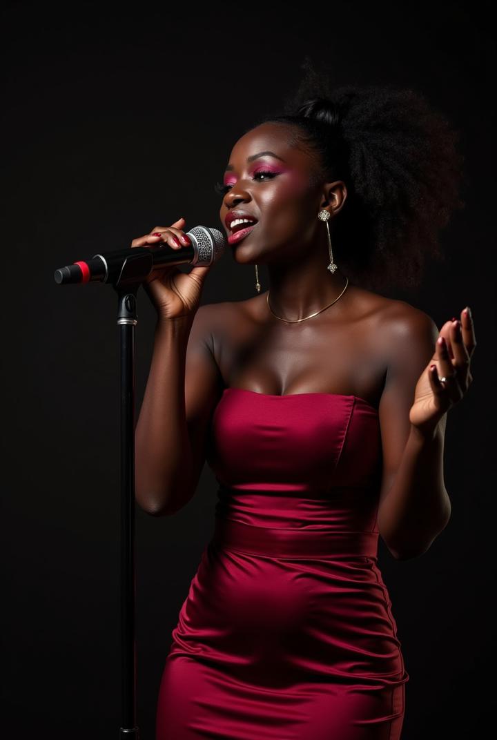 BLACK WOMAN, BURGUNDY SHIMMERING RED DRESS, SINGING INTO A M... - Flux ...