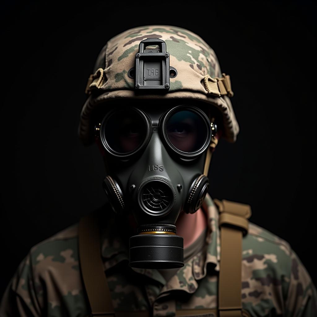 US Soldier in gas mask staring down camera with black backgr... - Flux ...