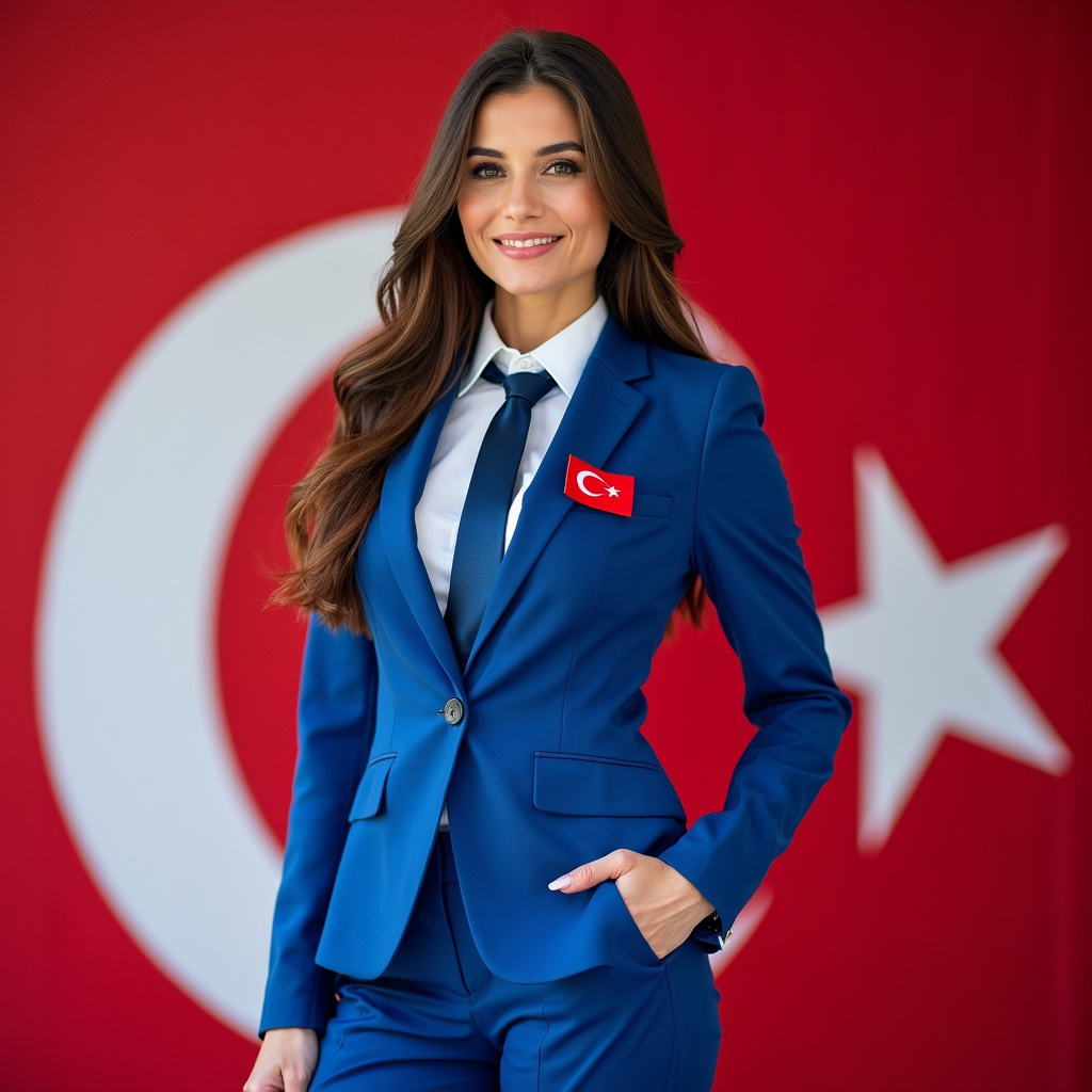 A beautiful, long-haired Turkish woman wearing a blue suit a... - Flux ...
