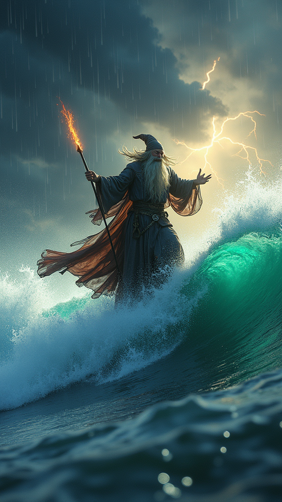 A wizard in a dark, stormy sky surfing a vibrant, multi-colo... - Flux ...