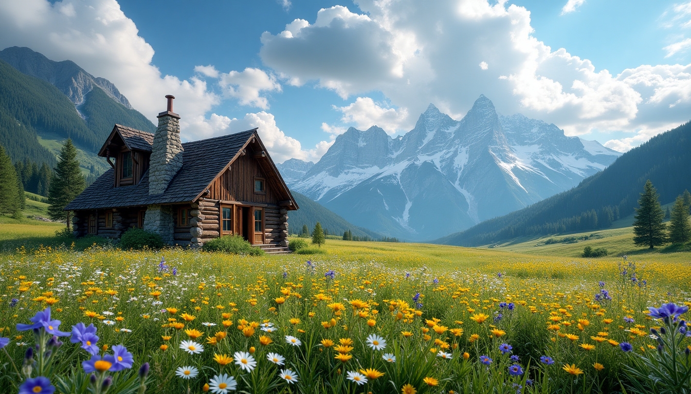 Create a captivating landscape featuring a rustic mountain c... - Flux ...