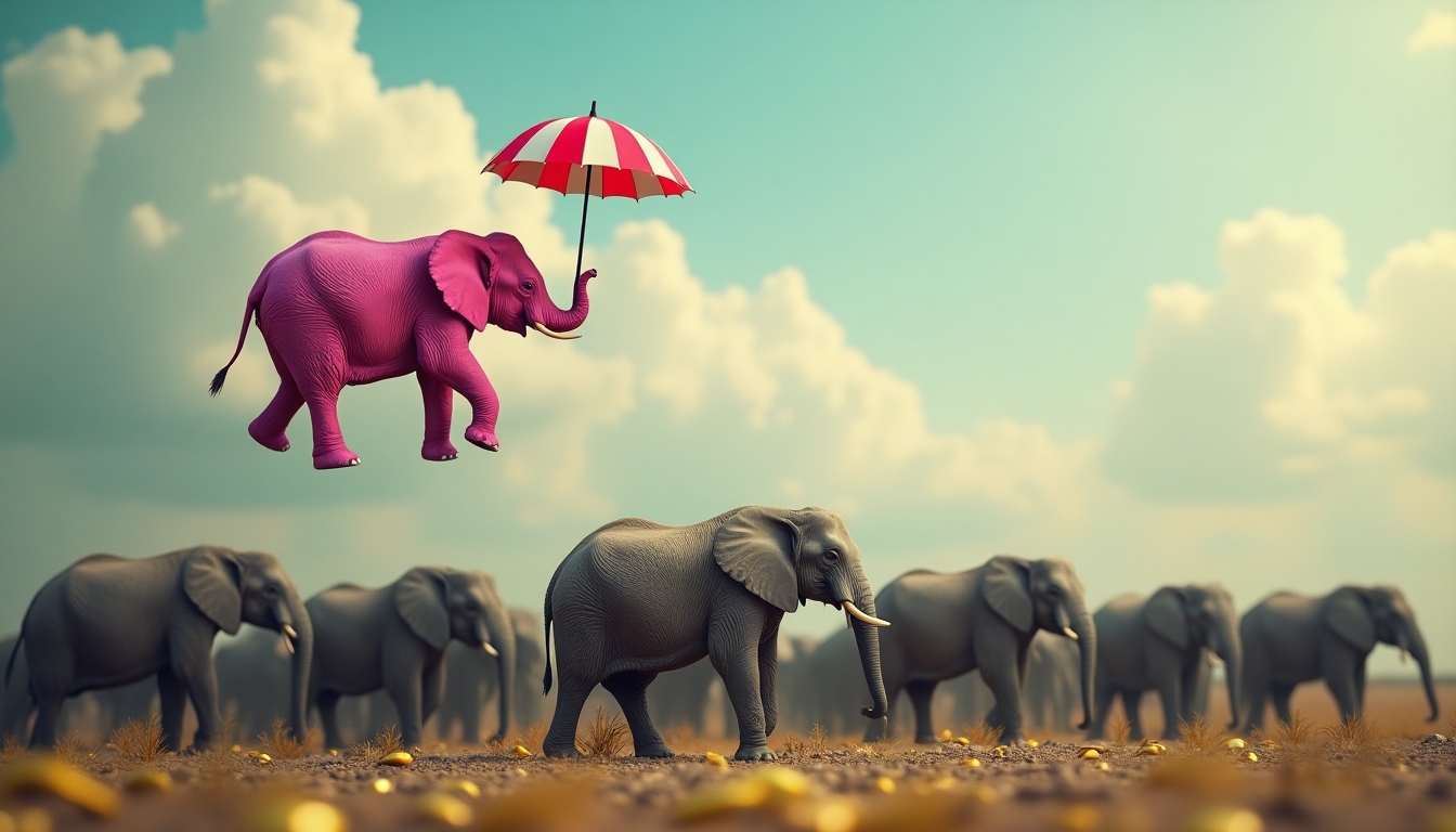 Visualize an ambitious pink elephant soaring above a crowd o... - Flux ...