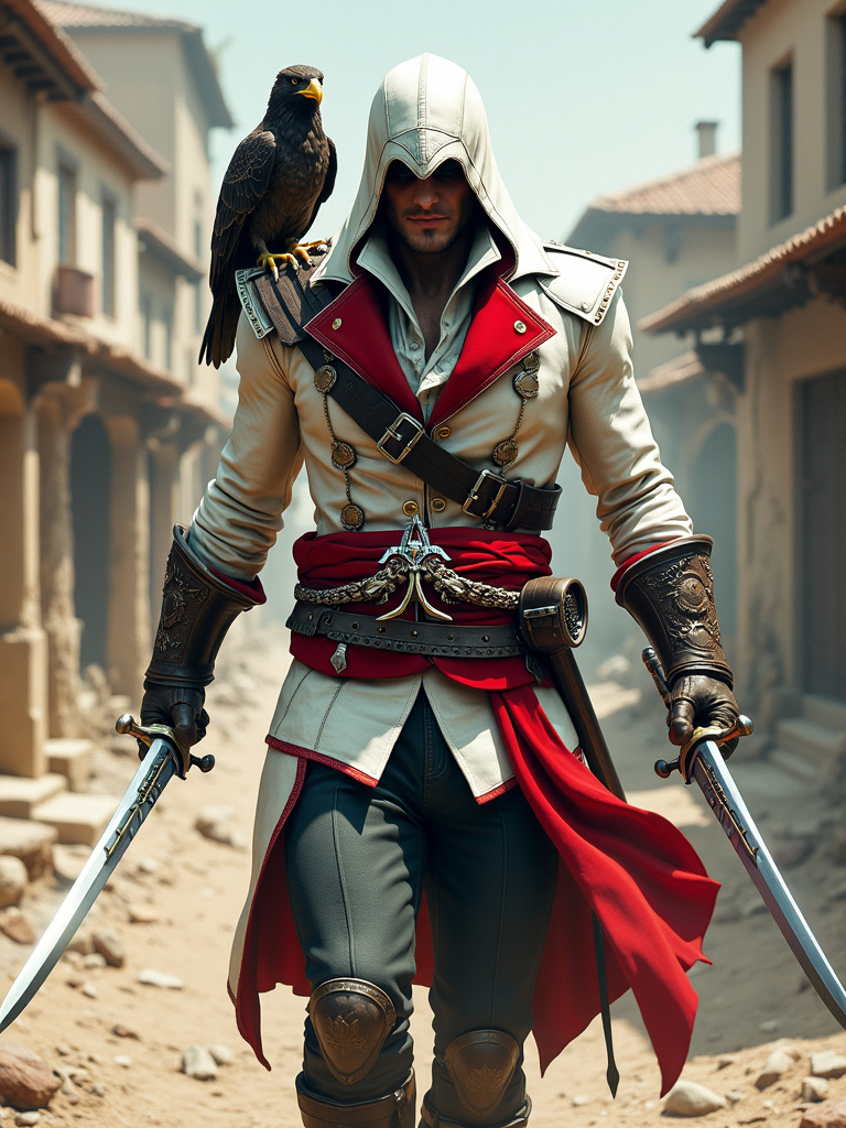 Assasins creed character holding 2 swords and his suit is re... - Flux ...