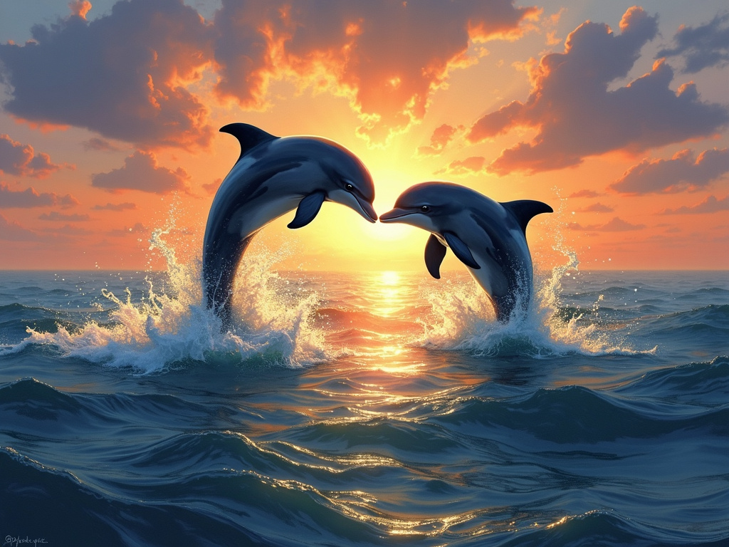 Graceful dolphin at sunset, mid-dive, emerging from the ocea... - Flux ...