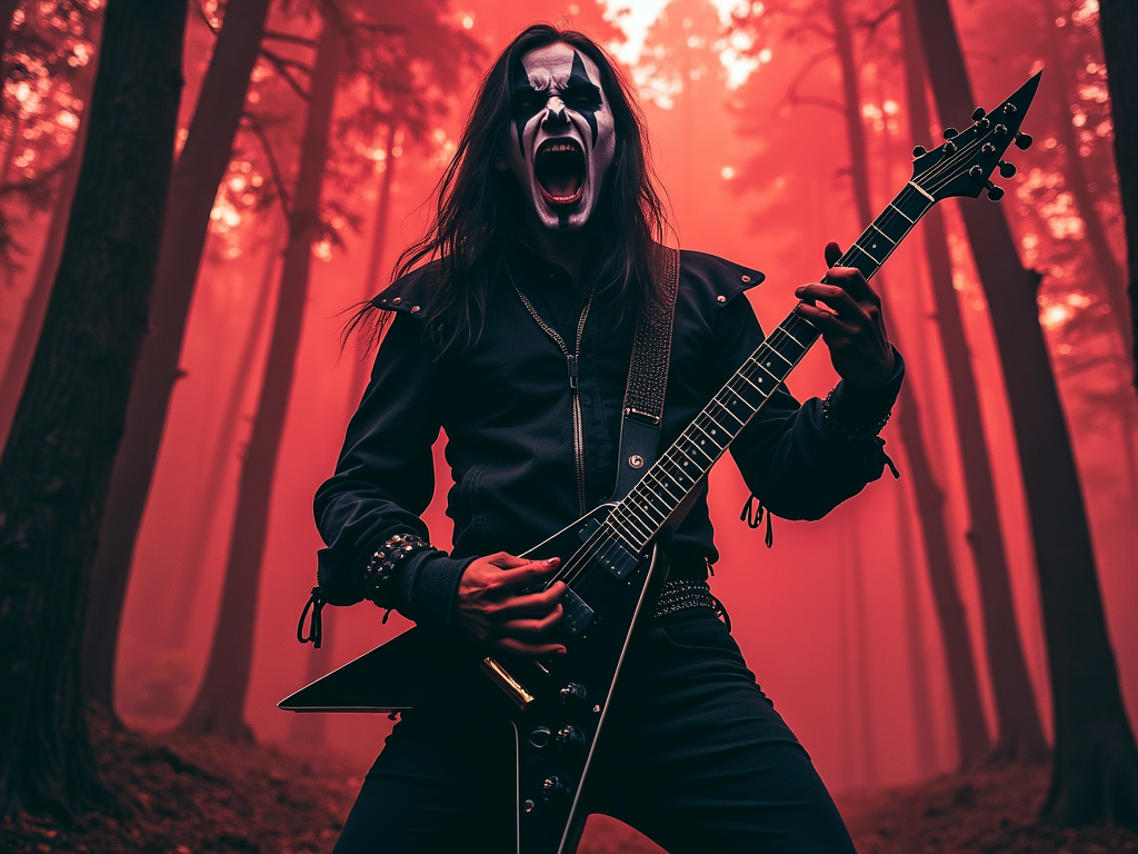 black metal frontman in a red night forest screaming in corp... - Flux ...