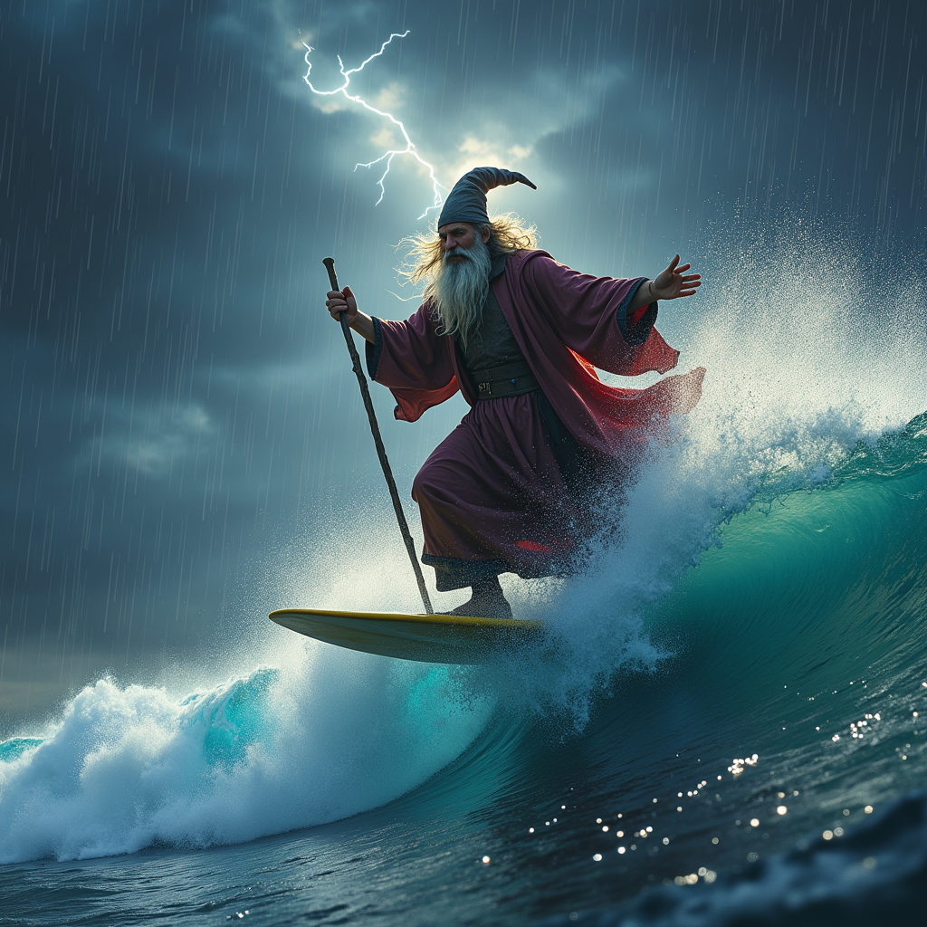 A wizard in a dark, stormy sky surfing a vibrant, multi-colo... - Flux ...